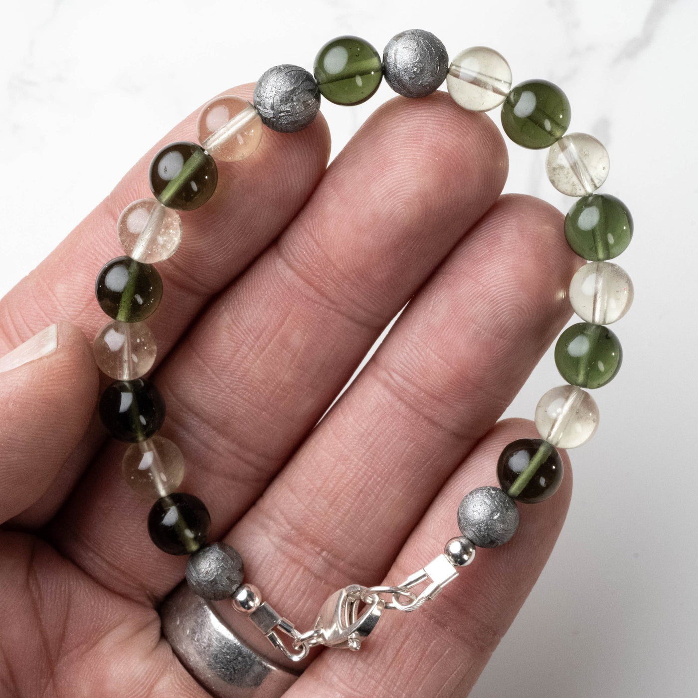 Moldavite + Meteorite + Libyan Desert Glass Bead Bracelet 7.5" .925 Si ...