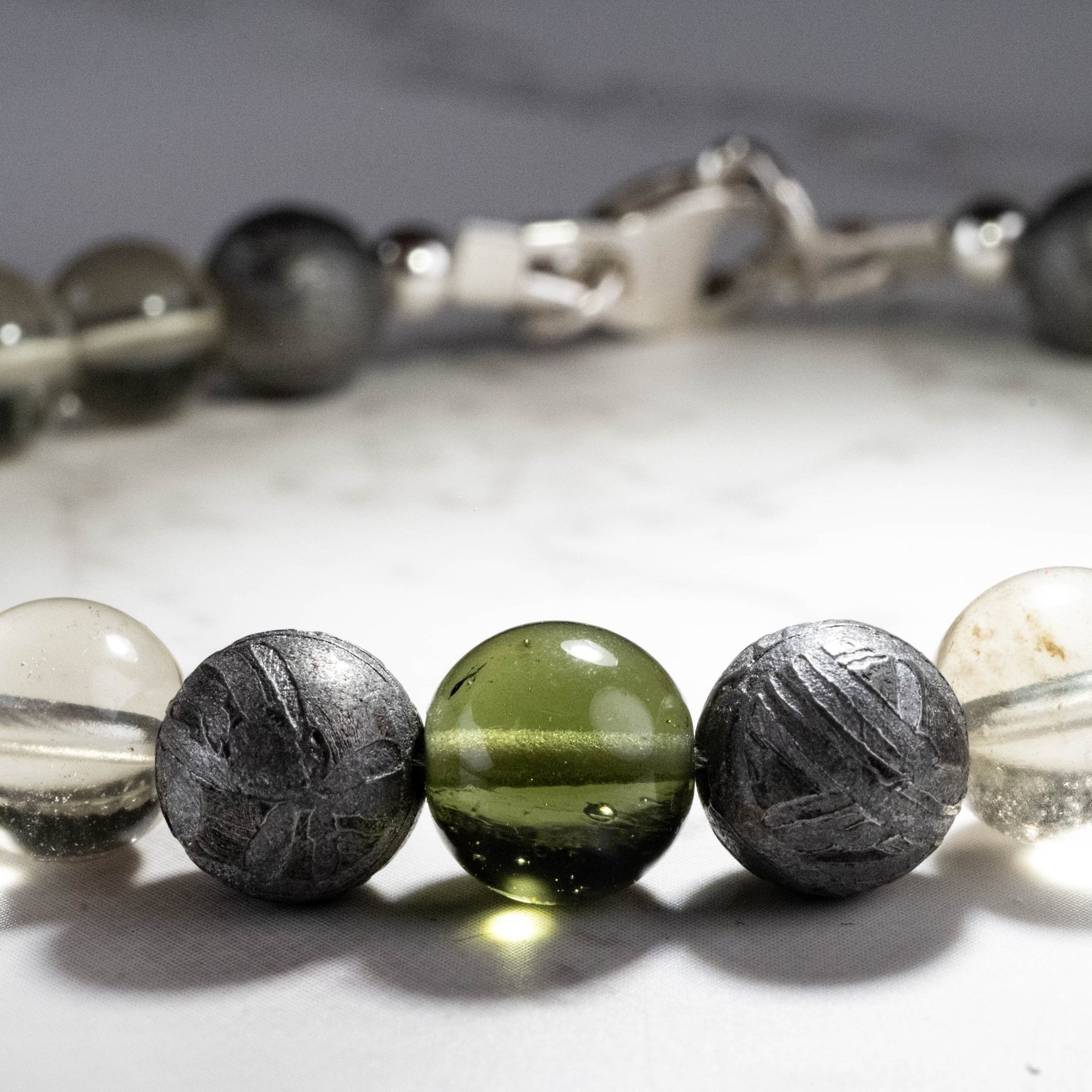 Moldavite + Meteorite + Libyan Desert Glass Bead Bracelet 8" .925 Silv ...